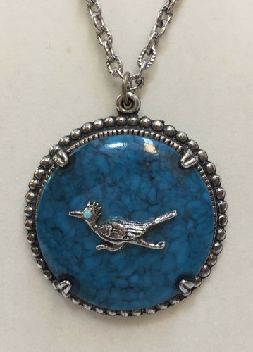 Necklace Faux Turquoise Pendant Stone Road Runner Bird Antiqued Silver ...