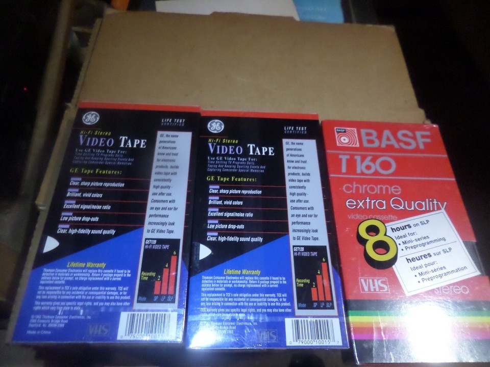 2 GE VHS Blank Tapes T-120 Hi-Fi Stereo & one BASF T 160 Chrome VHS NEW ...