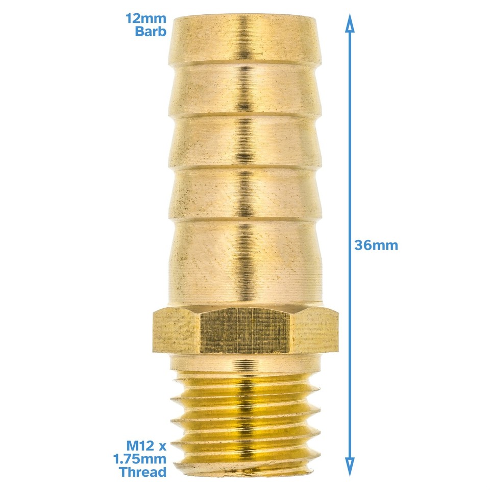 3x Brass 12mm Barb Hose To M12 x1.75mm Male Threaded Pipe Fitting Tail ...