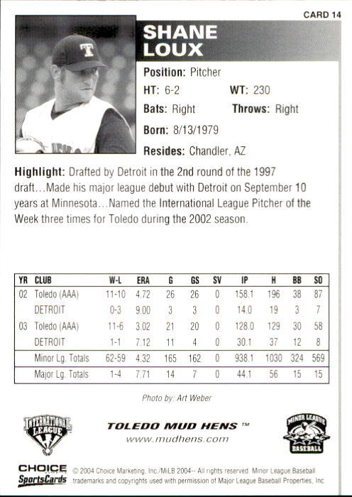2004 Toledo Mud Hens Choice #14 Shane Loux Chandler Arizona AZ Baseball ...