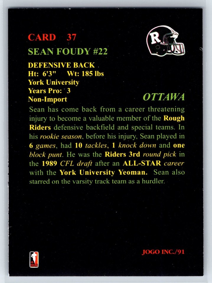 1991 JOGO CFL Sean Foudy Ottawa Rough Riders #37 | eBay