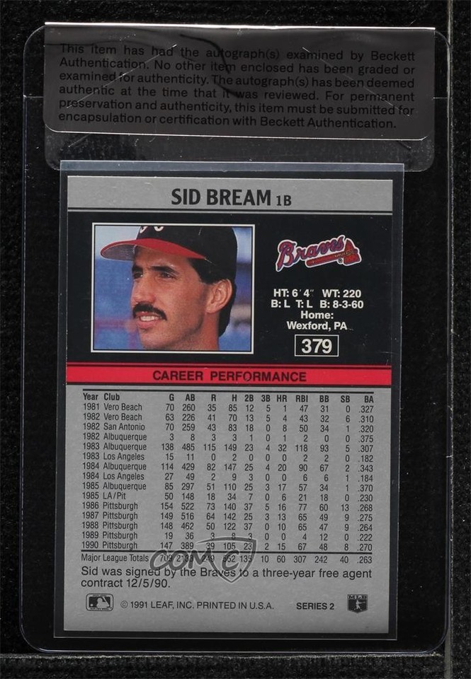 BAS 1991 Leaf Sid Bream #379 Seal of Authenticity Auto | eBay