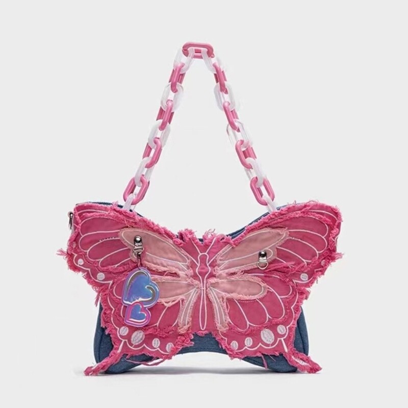 Womens Elegant Shoulder Bag with Acrylic Chain Butterfly Denims Handbag ...