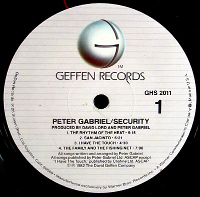 GEFFEN Peter Gabriel SECURITY 1982 Genesis (Generic Cover) GHS-2011 VG ...