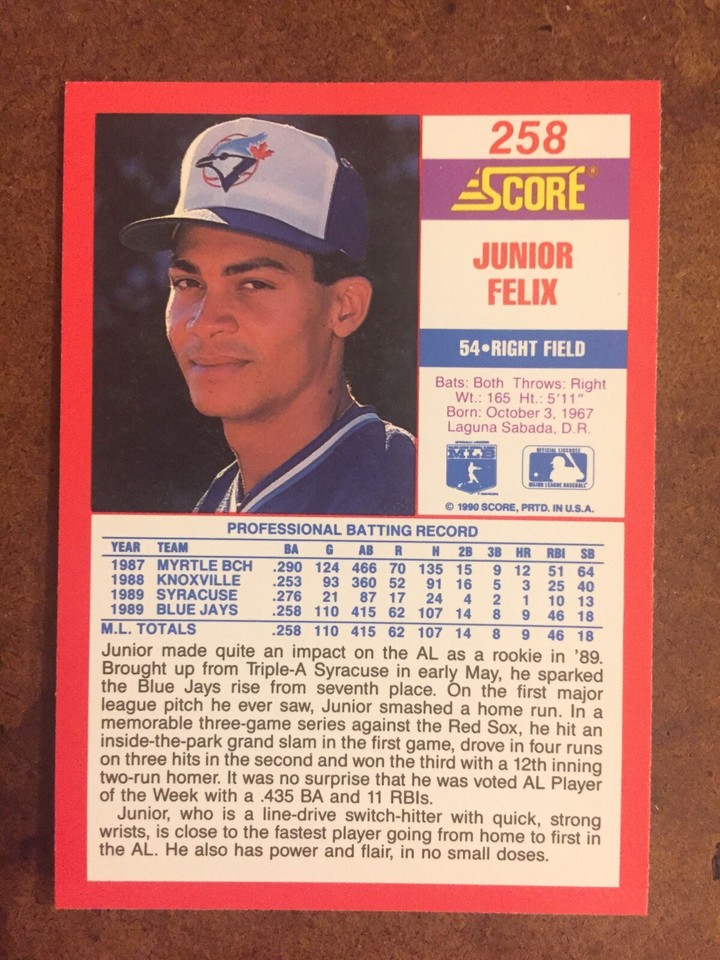 Junior Felix 258 Score 1990 MLB Baseball Trading Card | eBay