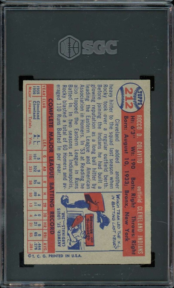 1957 Topps #212 Rocco Rocky Colavito RC/Rookie Indians SGC 5.5 EX+ | eBay