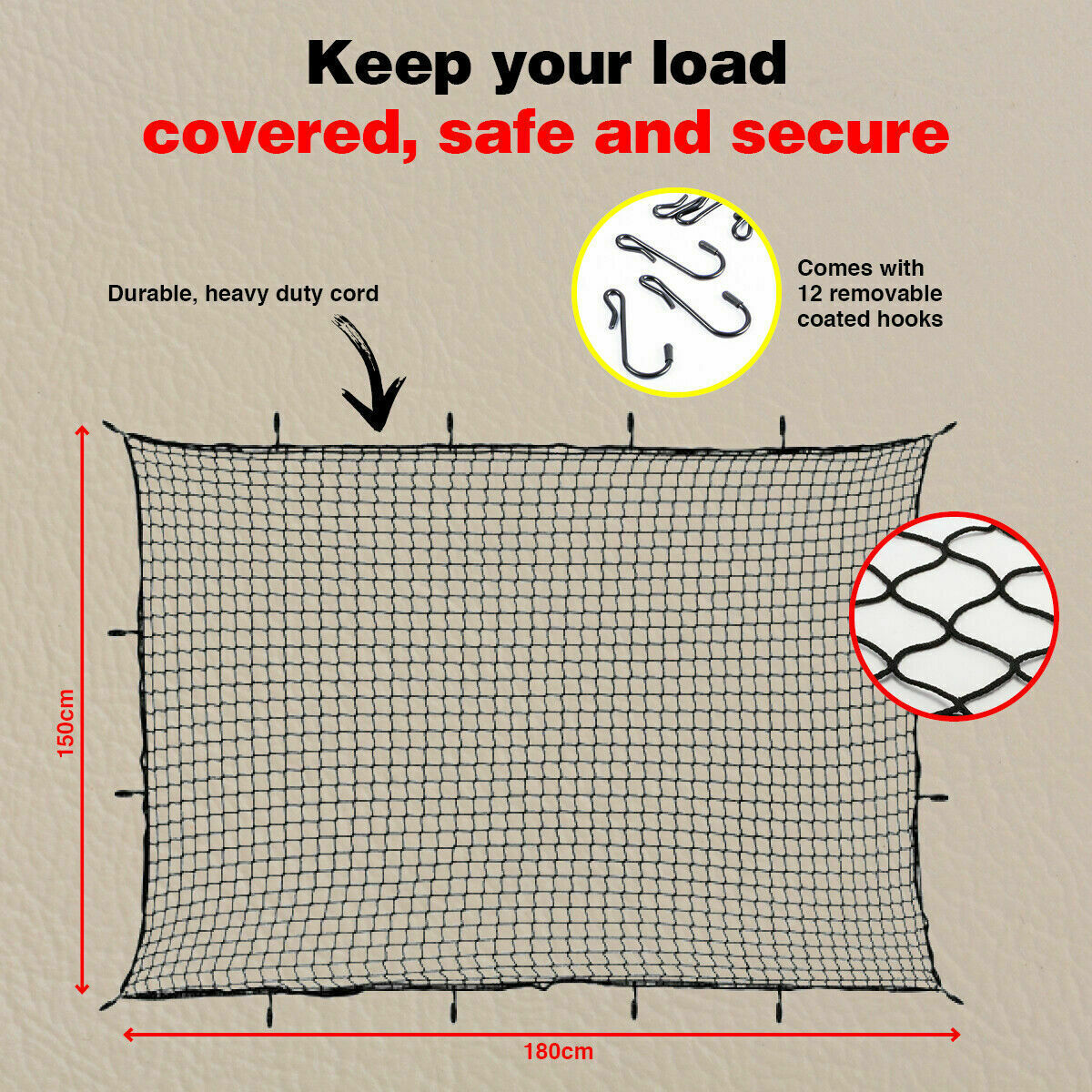 1x Universal Safe & Secure Cargo Net 1.8x1.5m Square Elastic Mesh ...