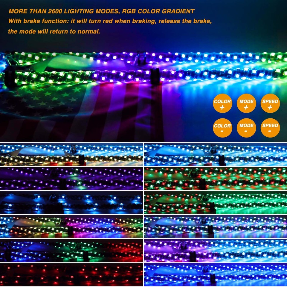 3FT For Jeep Wrangler JL Rubicon Spiral RGB LED Whip Light Chasing ...
