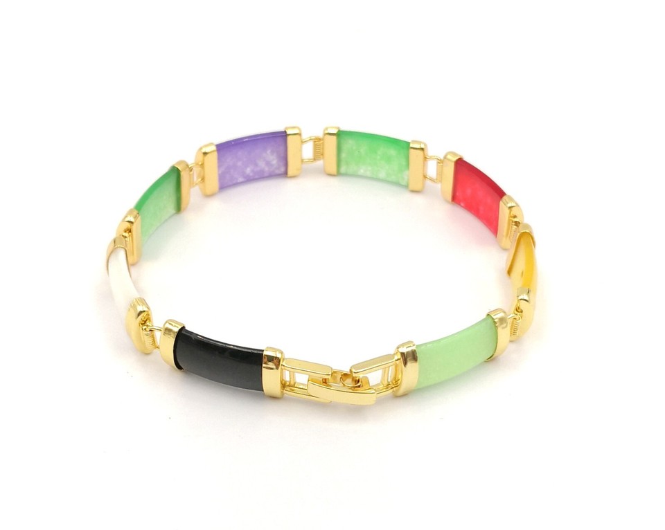 Yellow Multicolor Green Purple Jade Agate Shell 18KGP Snap Clasp Bangle ...