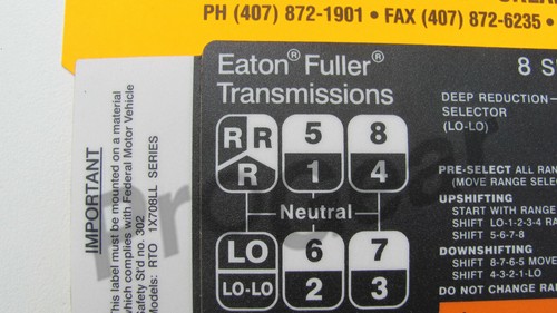 RTOF RTO 8LL speed reverse "H" shift pattern 20465 Eaton Fuller ...