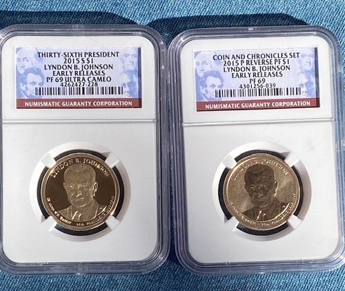 2 ea 2015 LBJ Presidential Dollar Coins 1 Ultra Cam, 1 Reverse PF69 C&C ...