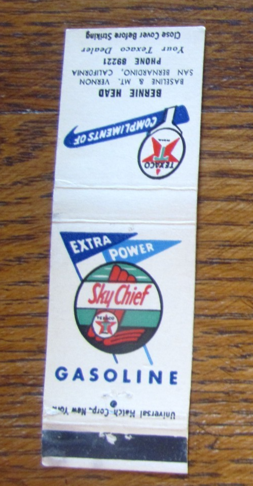 BERNIE HEAD TEXACO GAS STATION MATCHBOOK COVER: SAN BERNARDINO, CA ...