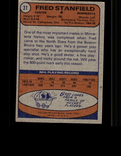 FRED STANFIELD 1974 Topps Hockey #31 B1013R5S3P60 FREE SHIPPING | eBay