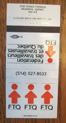 UNION MATCHBOOK COVER: FTQ MONTREAL, QUEBEC EMPTY MATCHCOVER -D8 | eBay
