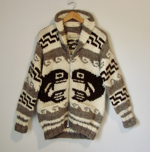 AUTHENTIC Cowichan Indian Hand Knit Wool Cardigan Sweater Orca Whale ...