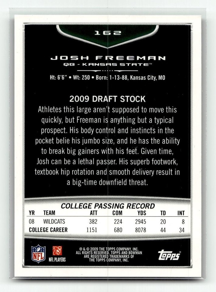 2009 Bowman Draft Picks Josh Freeman #162 Rookie Kansas State Wildcats ...