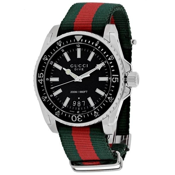 GUCCI Dive 45MM Black Matte Dial Green Red Web Nylon Watch YA136209A ...