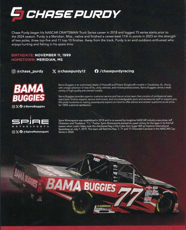 2024 CHASE PURDY "BAMA BUGGIES" #77 NASCAR CRAFTSMAN TRUCK SERIES POSTCARD | eBay
