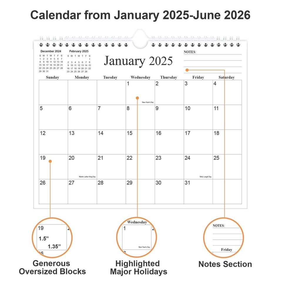 Calendar 2025-18 Months Calendar from January 2025 to June 2026 Wall ...
