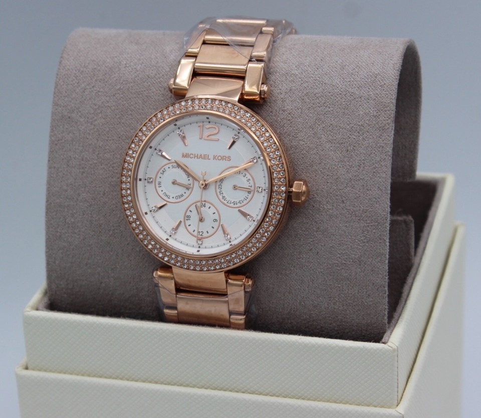 NEW AUTHENTIC MICHAEL KORS PARKER CHRONO ROSE GOLD CRYSTALS WOMEN'S ...