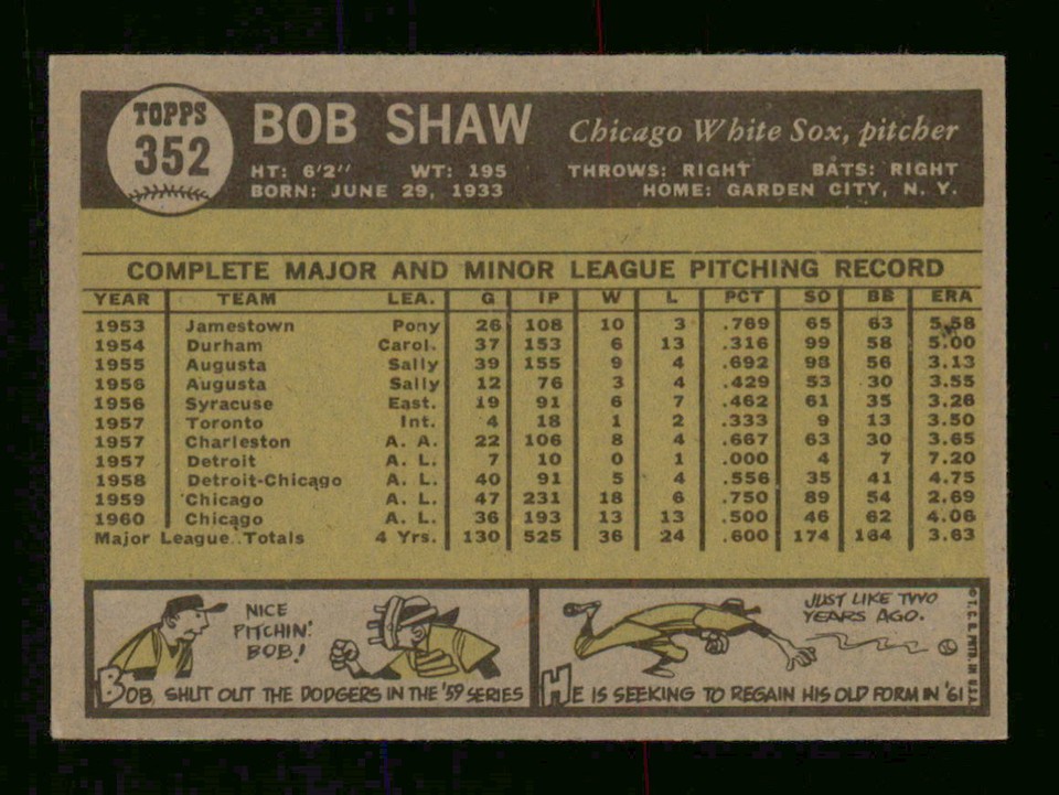 1961 TOPPS BASEBALL # 352 BOB SHAW INV J8499 | eBay