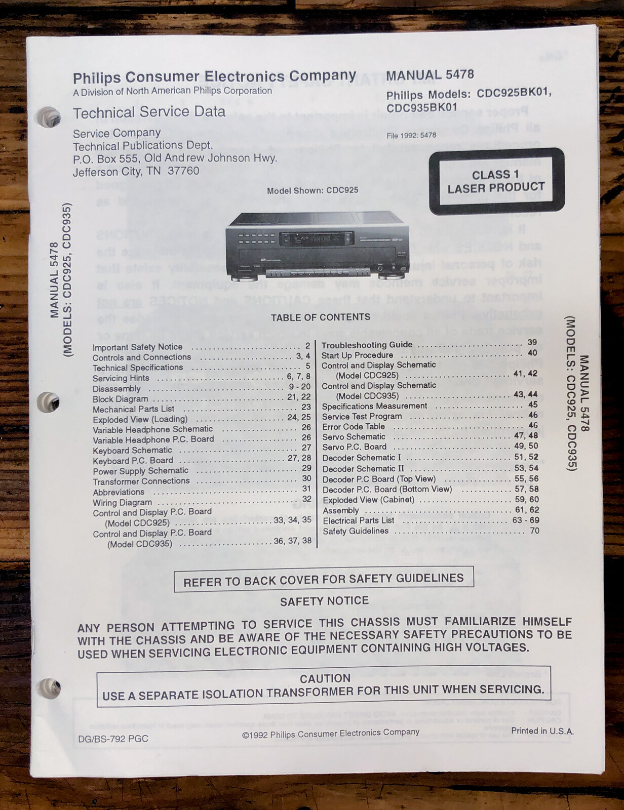 Philips / Magnavox CDC925 CDC935 CDC-925 -935 CD Player Service Manual ...
