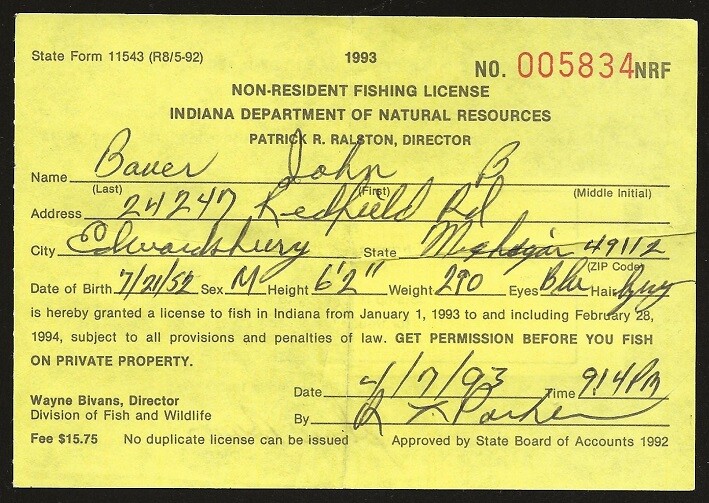 USA 1993 INDIANA Fishing License for NON-RESIDENT Revenue Trout Stamp ...