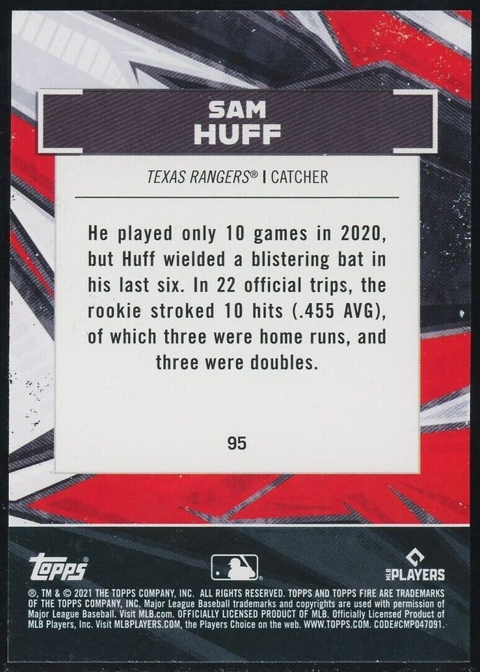 2021 Topps Fire Sam Huff Rookie Texas Rangers RC #95 | eBay