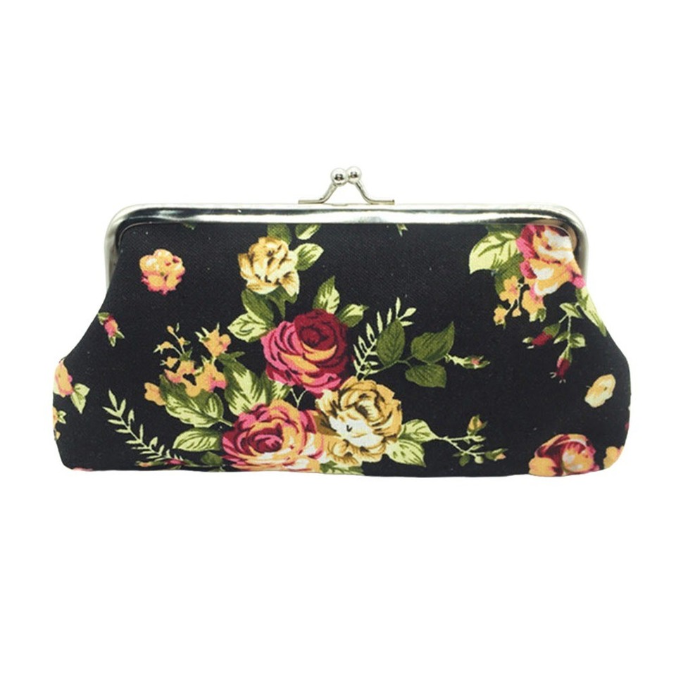 Rose Floral Print Coin Purse Long Clutch Wallet Retro Change Pouch for ...