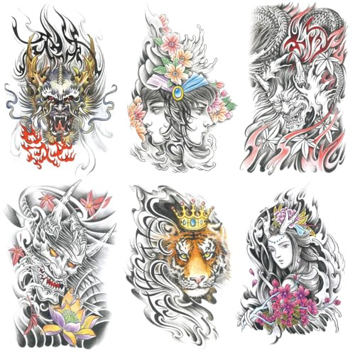 6 Sheets Arm Waterproof Temporary Tattoos Dragon Prajna Crown Tiger ...