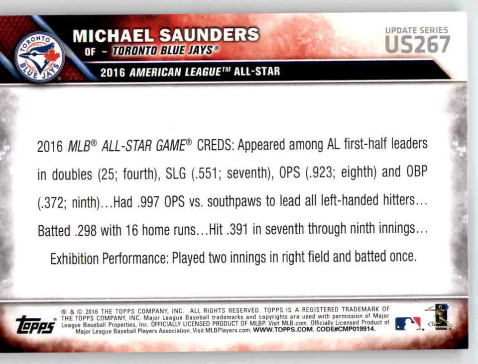 2016 Topps Update Michael Saunders Base Card MLB PWE Set Break Blue ...