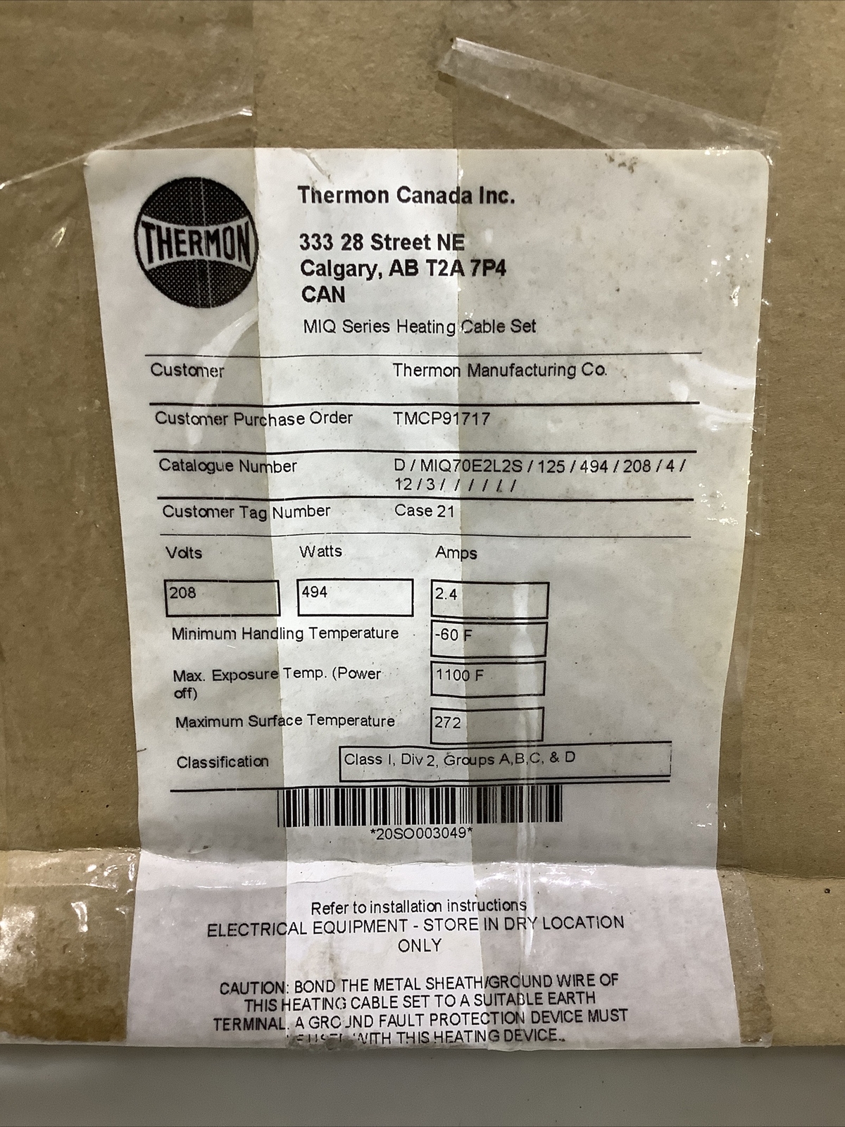 THERMON MIQ70E2L2S D/MIQ-70E2L-2S/125/494 HEAT CABLE SET 125 FEET ECH ...