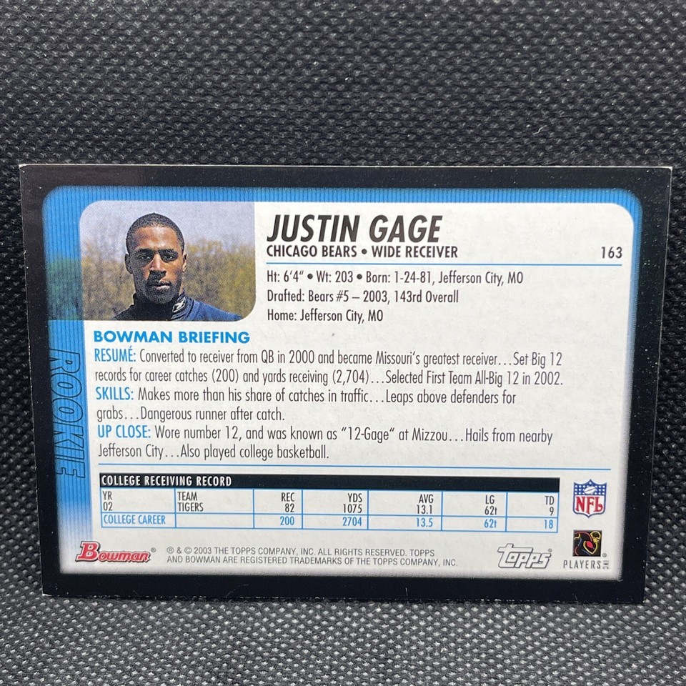2003 Bowman Football Card #163 Justin Gage Rookie | eBay