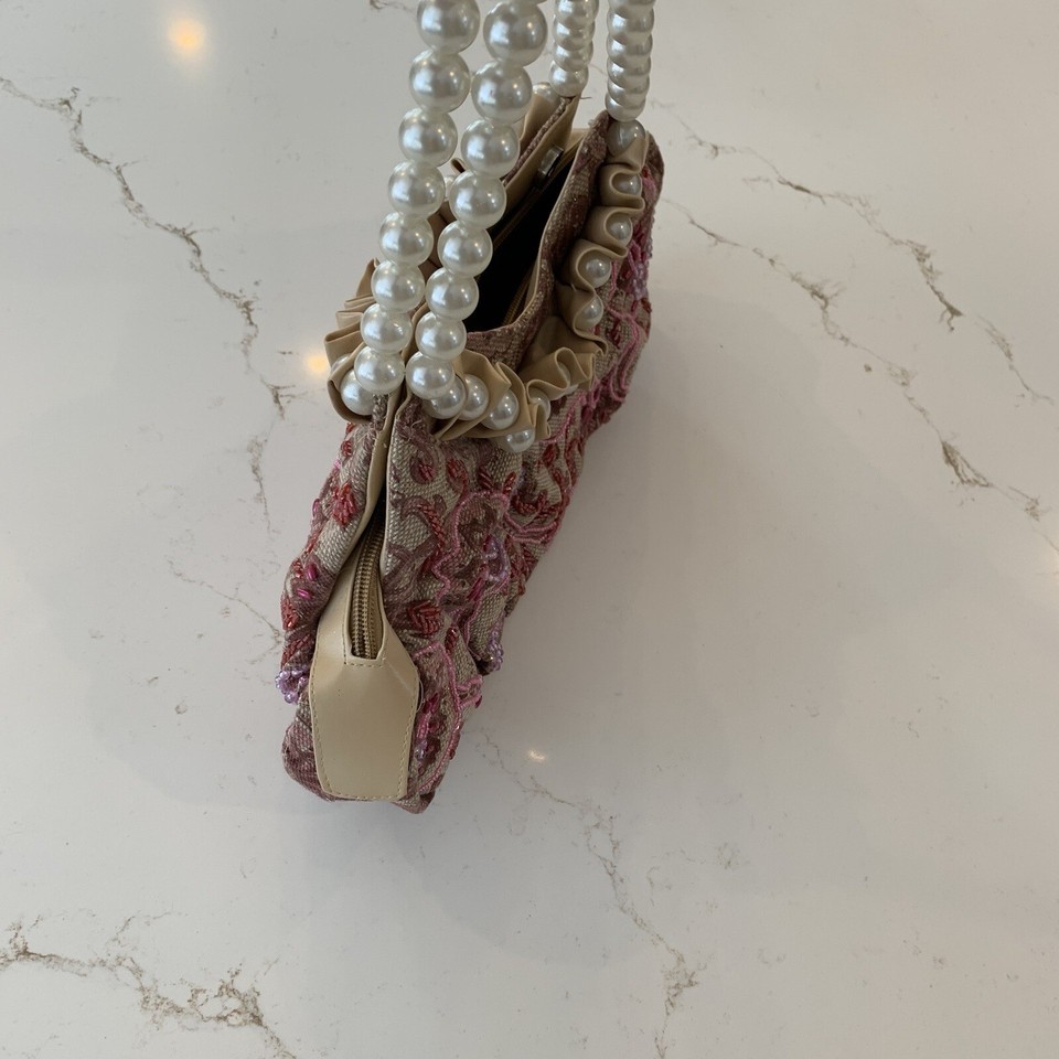 Faux Pearl/Leather Handled Hand Beaded Multicolor Pink & Tan Clutch | eBay