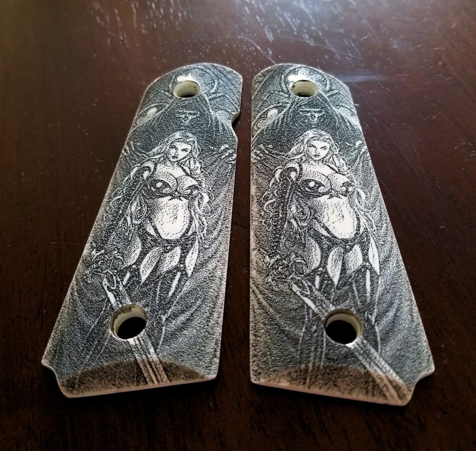 1911 Full Size custom engraved imitation ivory grips Grim Reaper Lady ...