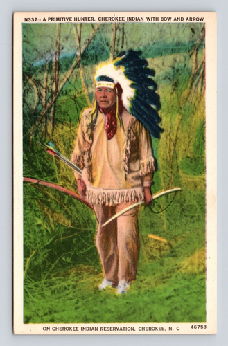 Native American Indian Head Dress Postcard Feathers Cherokee Bow Arrow ...
