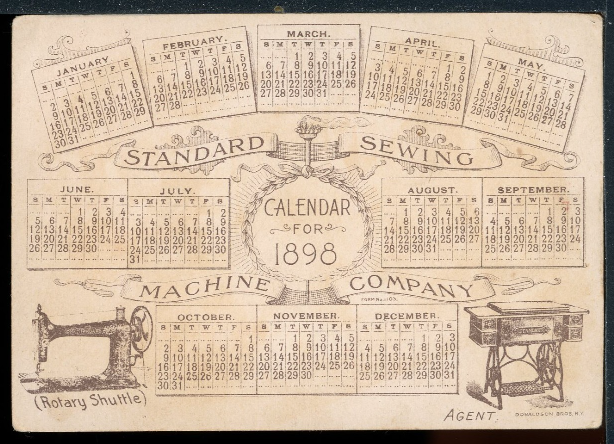 1898 Standard Sewing Machine Co. Rotary Shuttle Calendar Trade Card ...