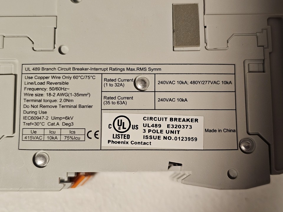 PHOENIX CONTACT Branch Circuit Breaker-Interrupt, 3-Pole, TMC 83D 50A ...