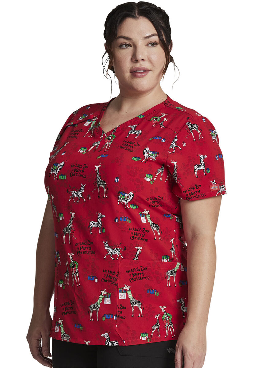 Wish Zoo A Merry Christmas Dickies Scrubs EDS V Neck Top Wish Zoo A Merry Christmas Dickies Scrubs EDS V Neck Top