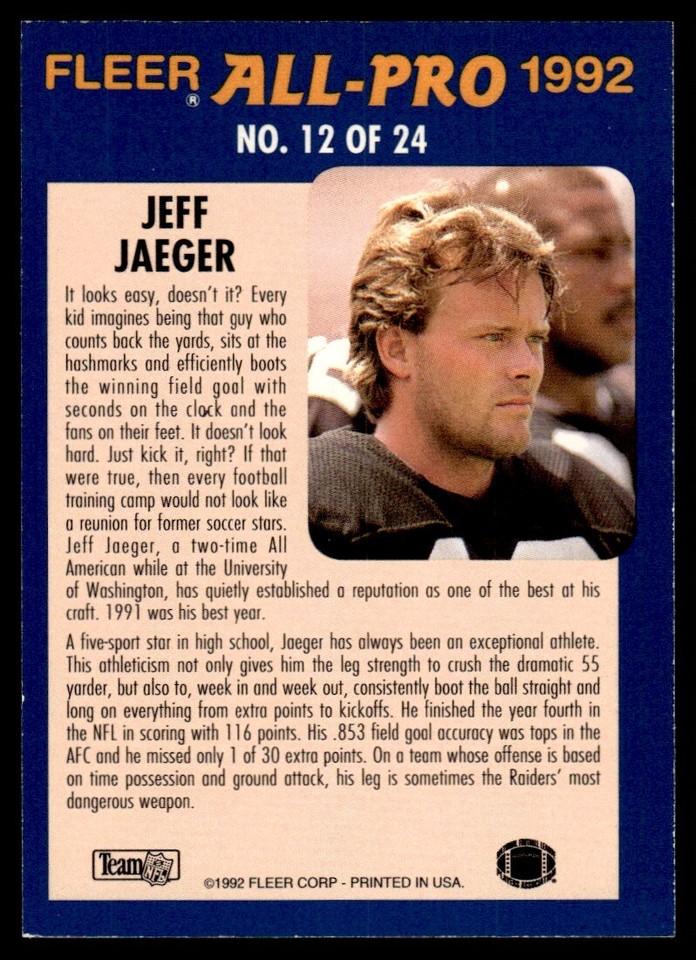 1992 Fleer All-Pro Jeff Jaeger Los Angeles Raiders #12 | eBay