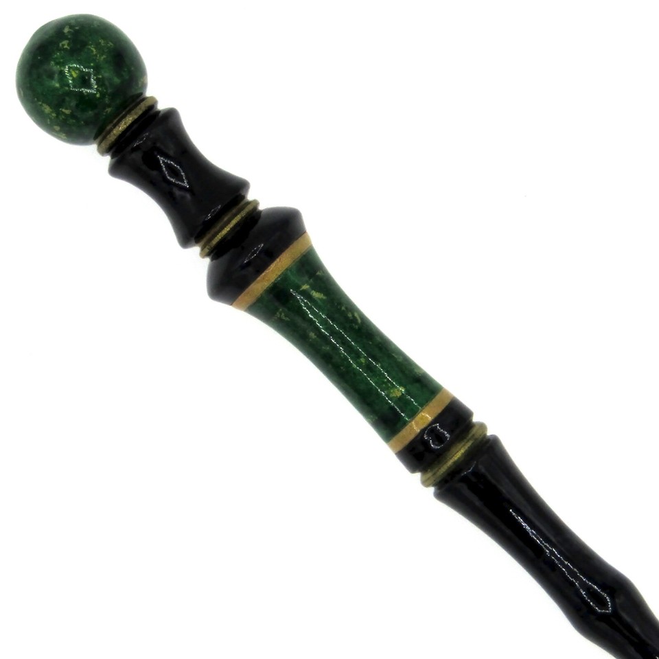 15" Hand Turned Emerald Orb Teak Wood Magic Wand Set w/ Leather Holster ...