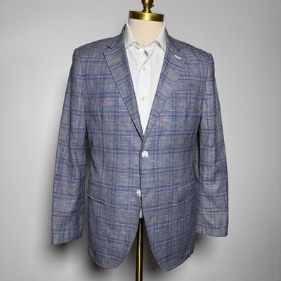 LOUIS CASTEL Mens Plaid Blazer Jacket Size 105 (40R) Blue White Gray ...