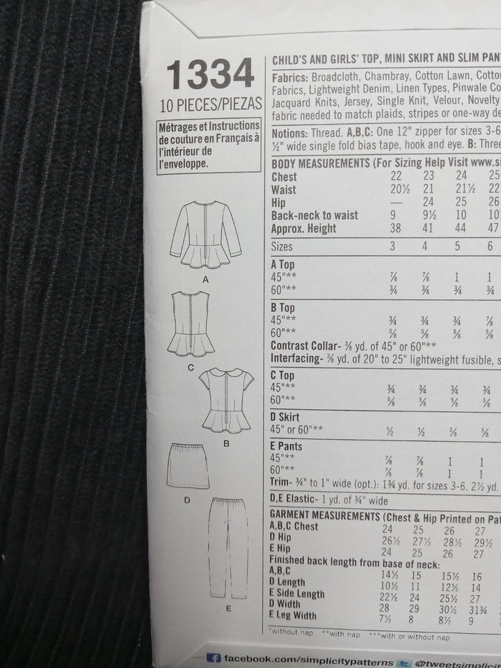 Simplicity 1334 GirlsTop Mini Skirt Slim Pants Pattern 3-6 *Uncut* | eBay