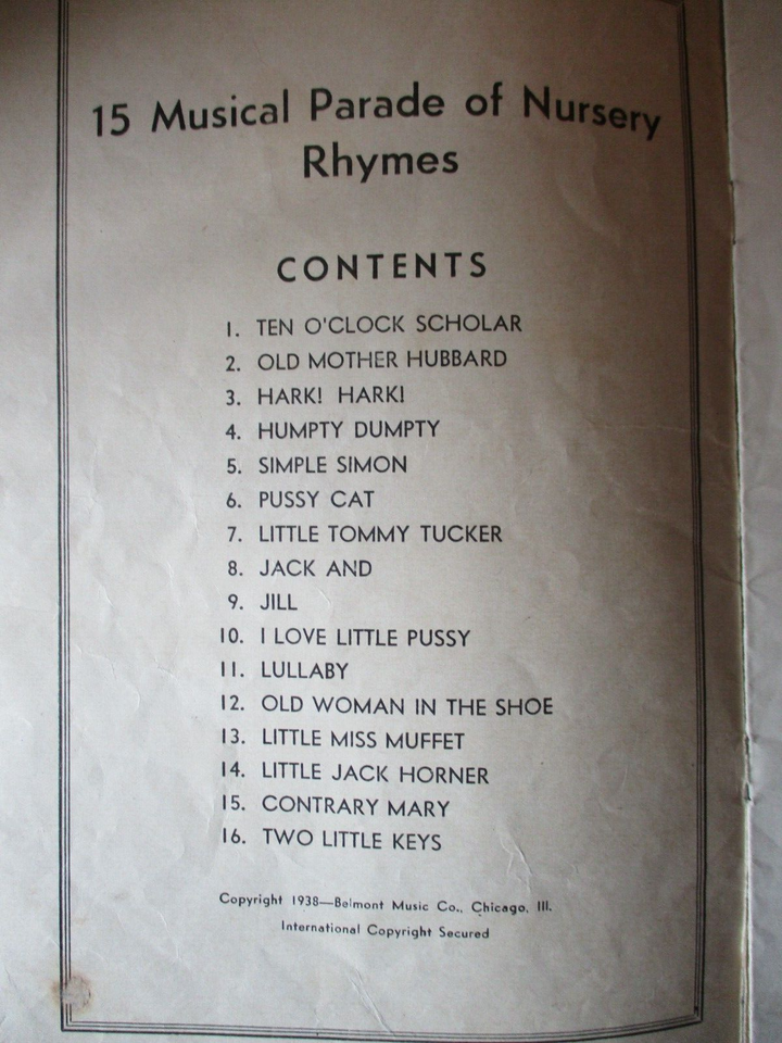 Musical Parade of Nursery Rhymes Booklet Belmont Music Company 16 Songs ...