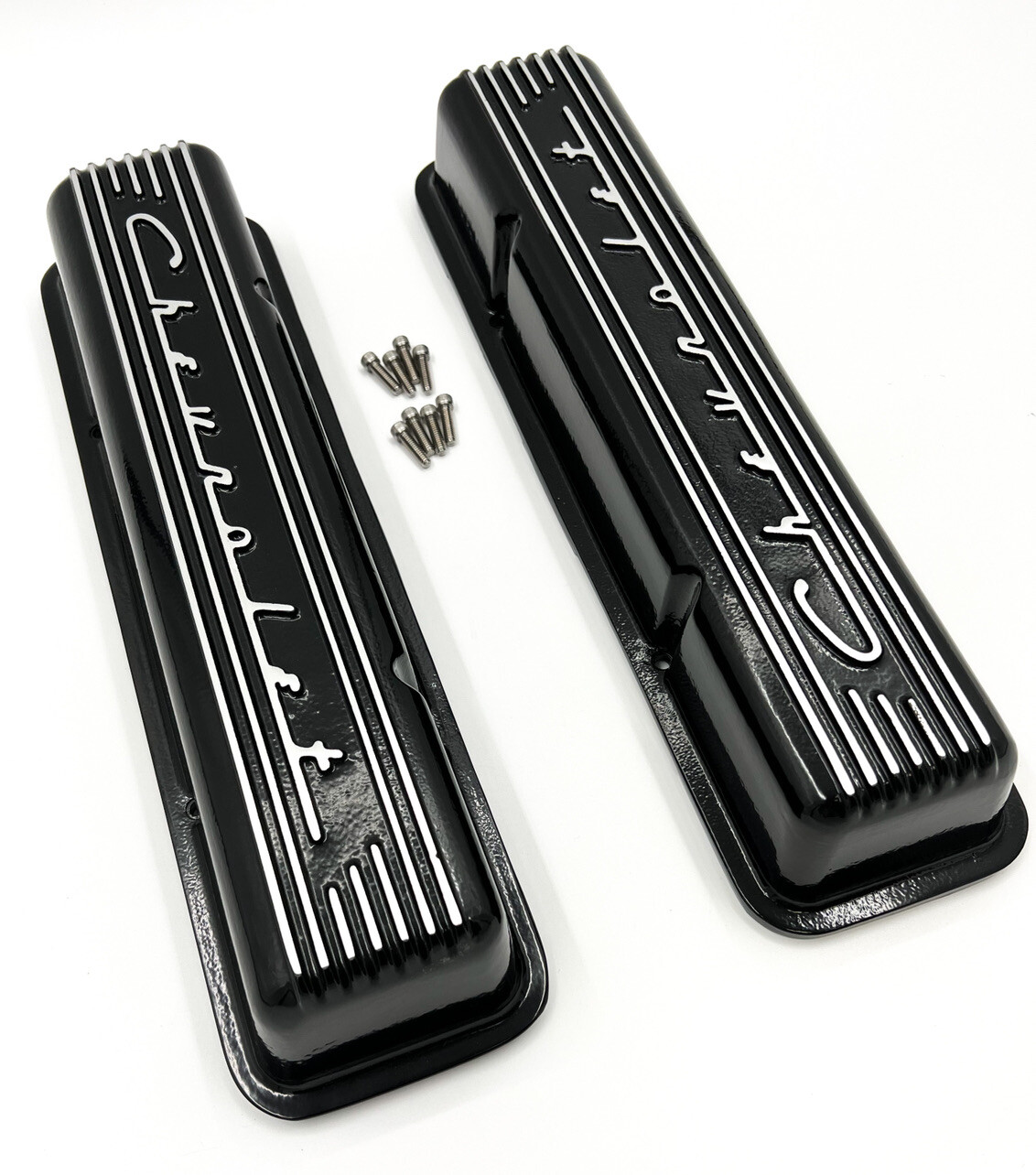 Black Finned "Chevrolet" Script Valve Covers For Small Block Chevy - No ...
