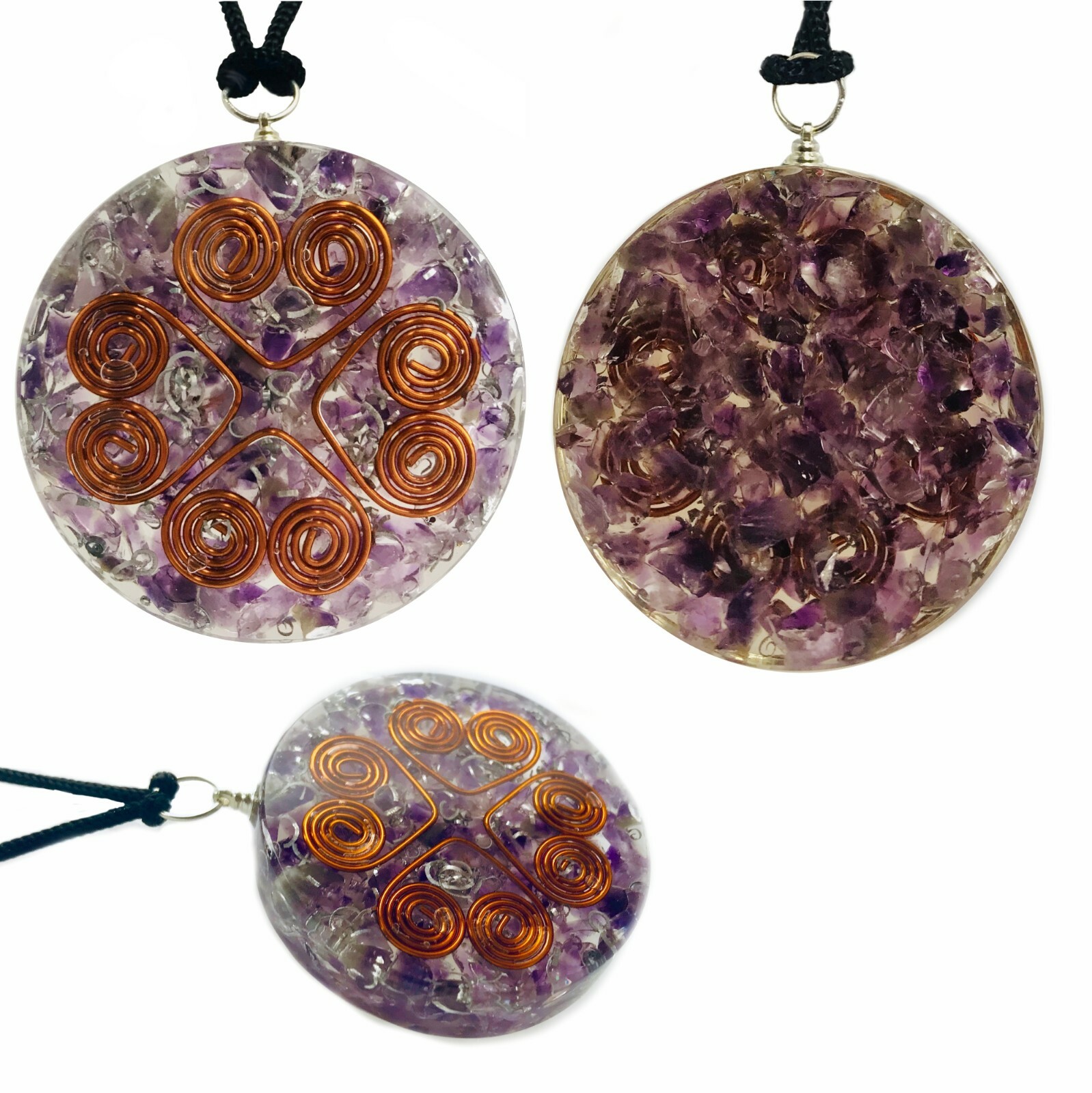 Amethyst Heart Copper Coil Orgonite Pendant Gemstone Disc Reiki Energy ...