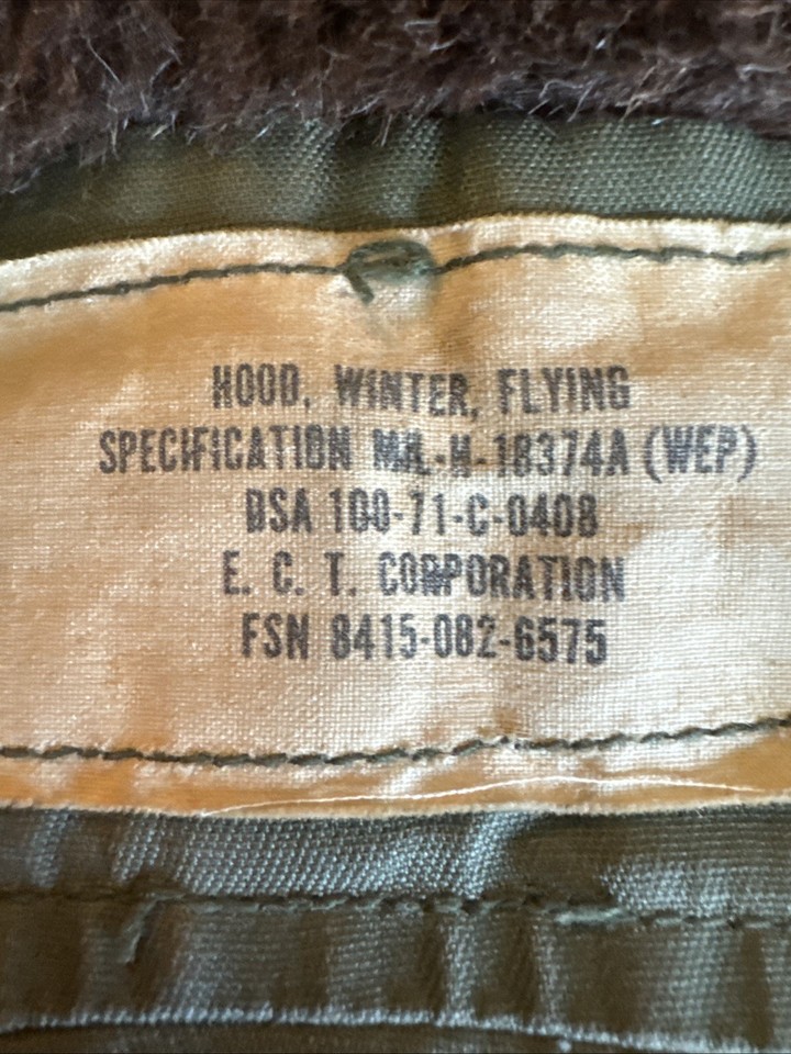 Vintage Military Winter Flying Hood Fur Trimmed Outershell MIL-H-18374A ...