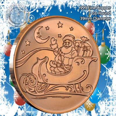 "Santa Sleigh" Christmas Design 1oz .999 Copper round Eagle Back ...