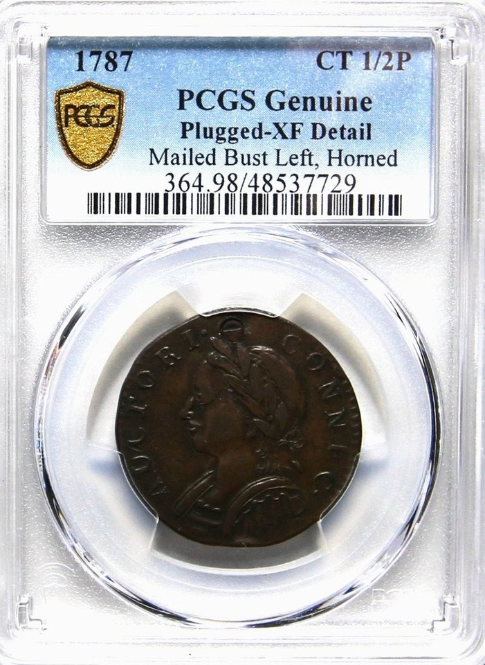 1787 Connecticut Copper (M.4-L), Hornless Bust, Plugged, (PCGS XF ...