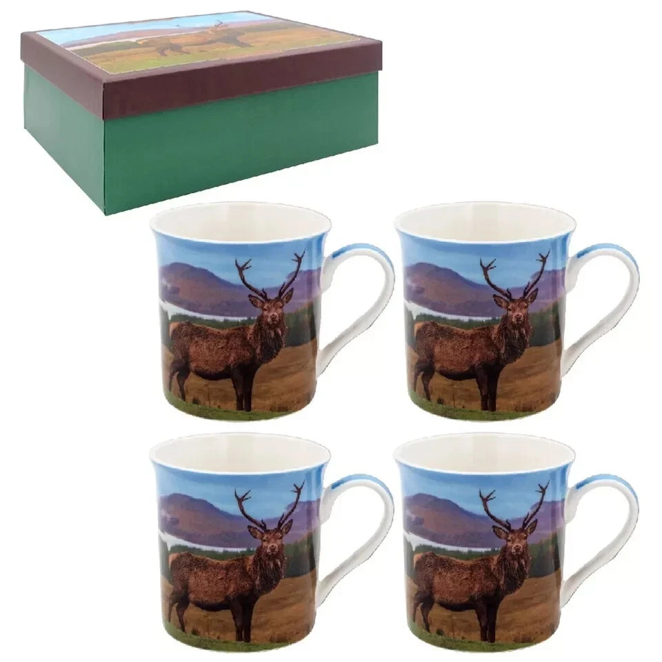 SET OF 4 STAG DEER MUGS FINE CHINA TEA COFFEE CUPS RUSTIC WILDLIFE ...